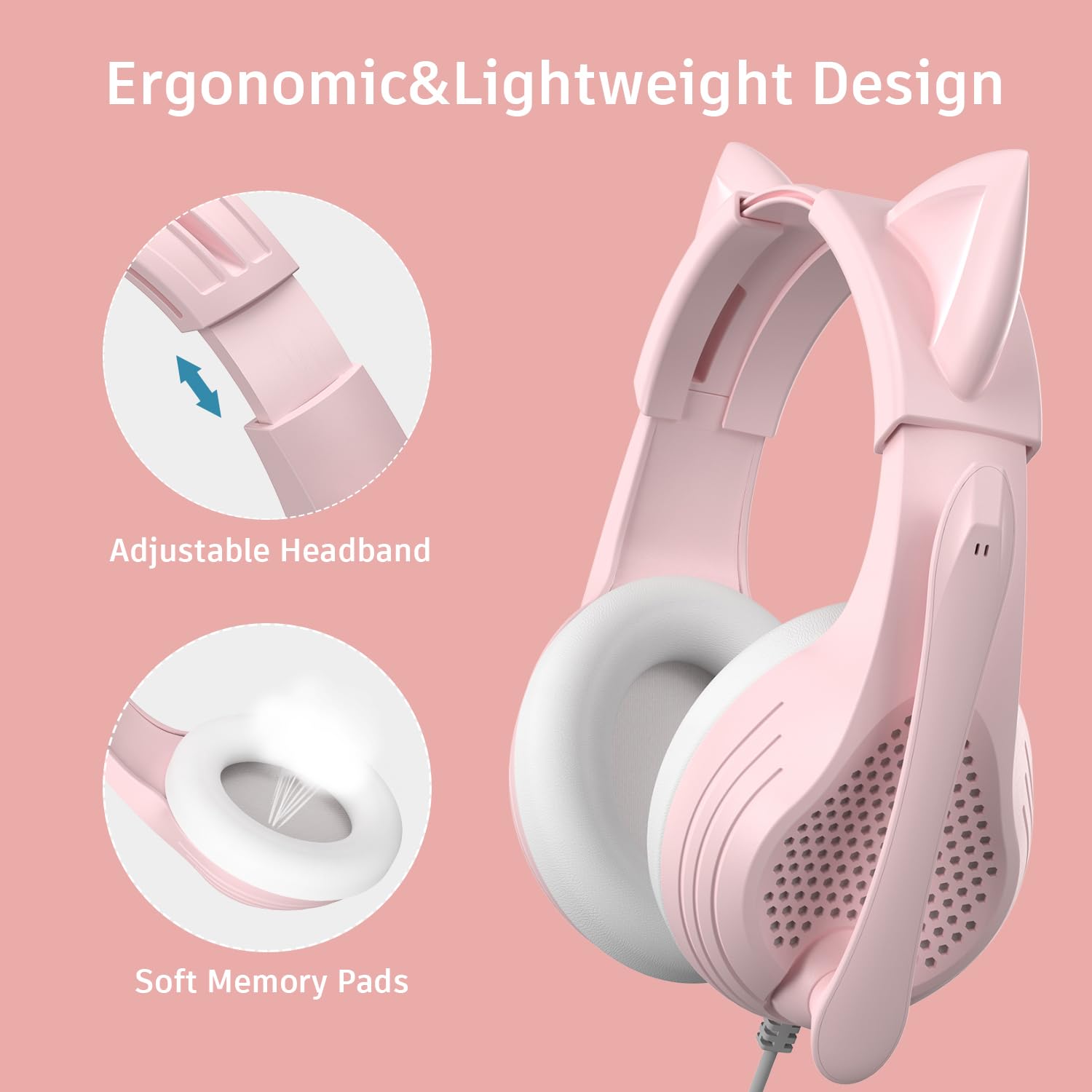 Emonoo Newest Pink Gaming Headset with Microphone for PC, PS5, Mac, Xbox, PS4, Over-Ear Surround Sound Stereo Cat Ear Headphones with Mic for Computers Laptop Smartphones Tablets