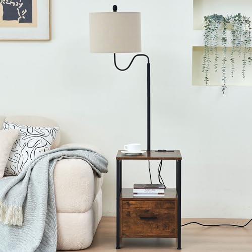 Topotdor Floor Lamp with Table, Wooden End Table Rustic Bedside Nightstand Lamp with Shelves for Living Room Bedroom Home Office, Brown