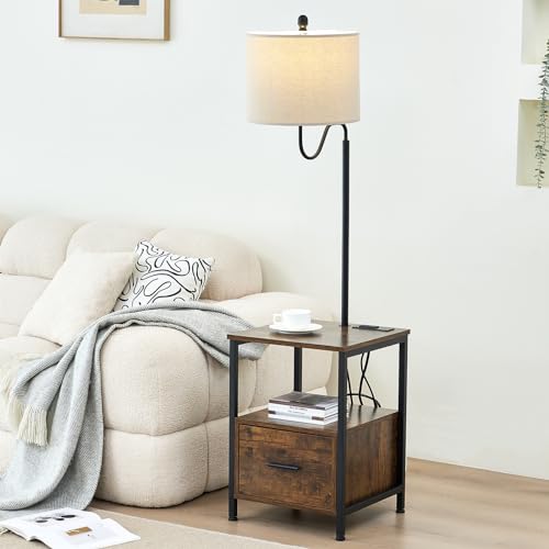 Topotdor Floor Lamp with Table, Wooden End Table Rustic Bedside Nightstand Lamp with Shelves for Living Room Bedroom Home Office, Brown