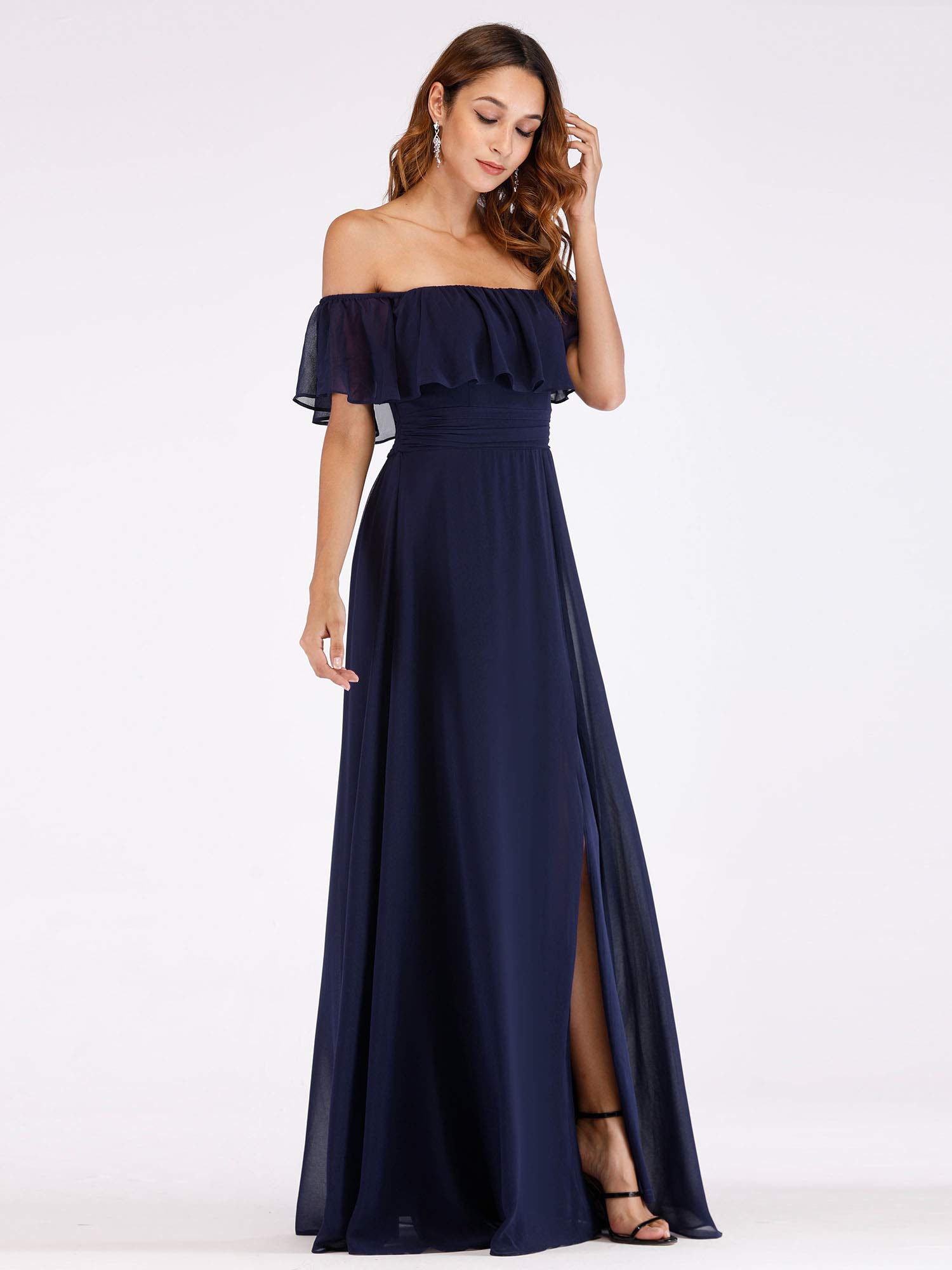 Ever-Pretty Women's Elegant Off The Shoulder Side Split High Waist Flowy Chiffon Maxi Bridesmaid Dress Navy US12