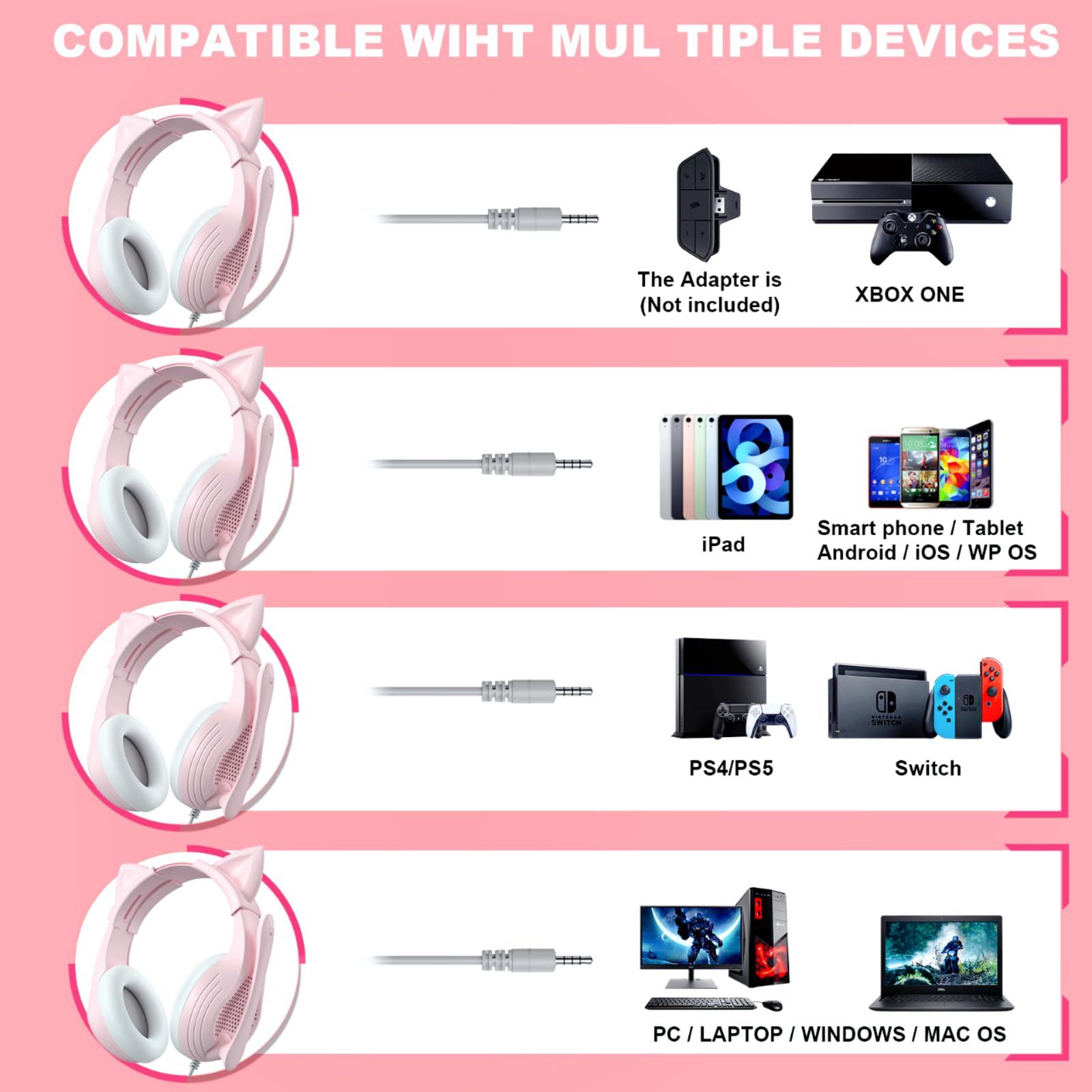 Emonoo Newest Pink Gaming Headset with Microphone for PC, PS5, Mac, Xbox, PS4, Over-Ear Surround Sound Stereo Cat Ear Headphones with Mic for Computers Laptop Smartphones Tablets