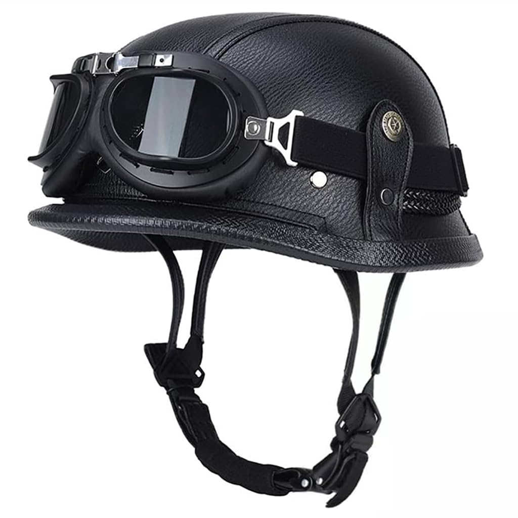 German Style Motorcycle Helmet, Retro Leather Motorcycle Half Helmet Skull Cap for Adult Men Women, Vintage Open Face Half Shell Helmet for Cruiser Scooter Chopper, DOT Approved (Black, X-Large)