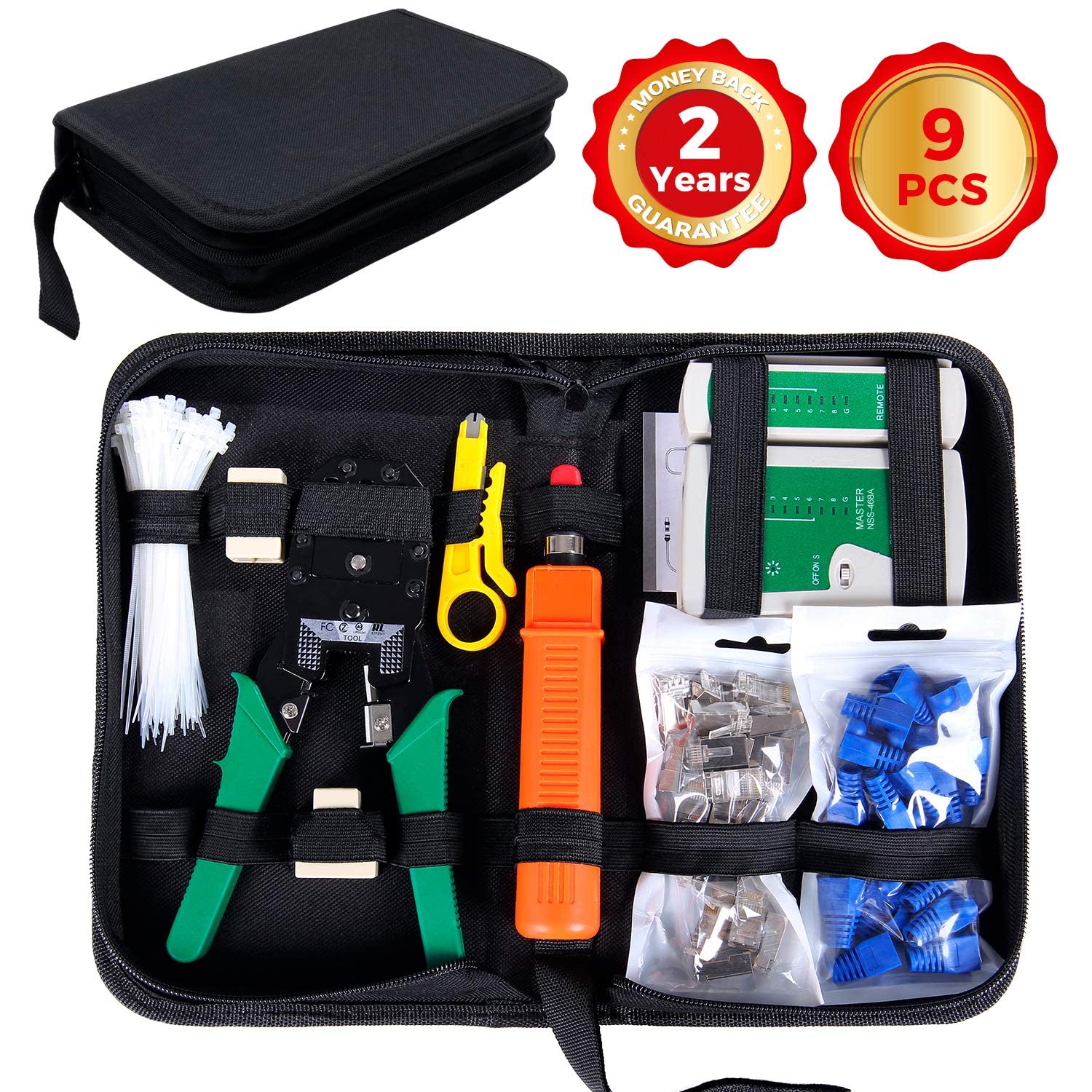 SGILE 9-in-1 Portable Crimping Tool Kit, 8P8C 6P6C 4P4C Connectors, RJ11/RJ12/RJ45 Cat5 Cat5e Network/Phone Cable Tester, Black