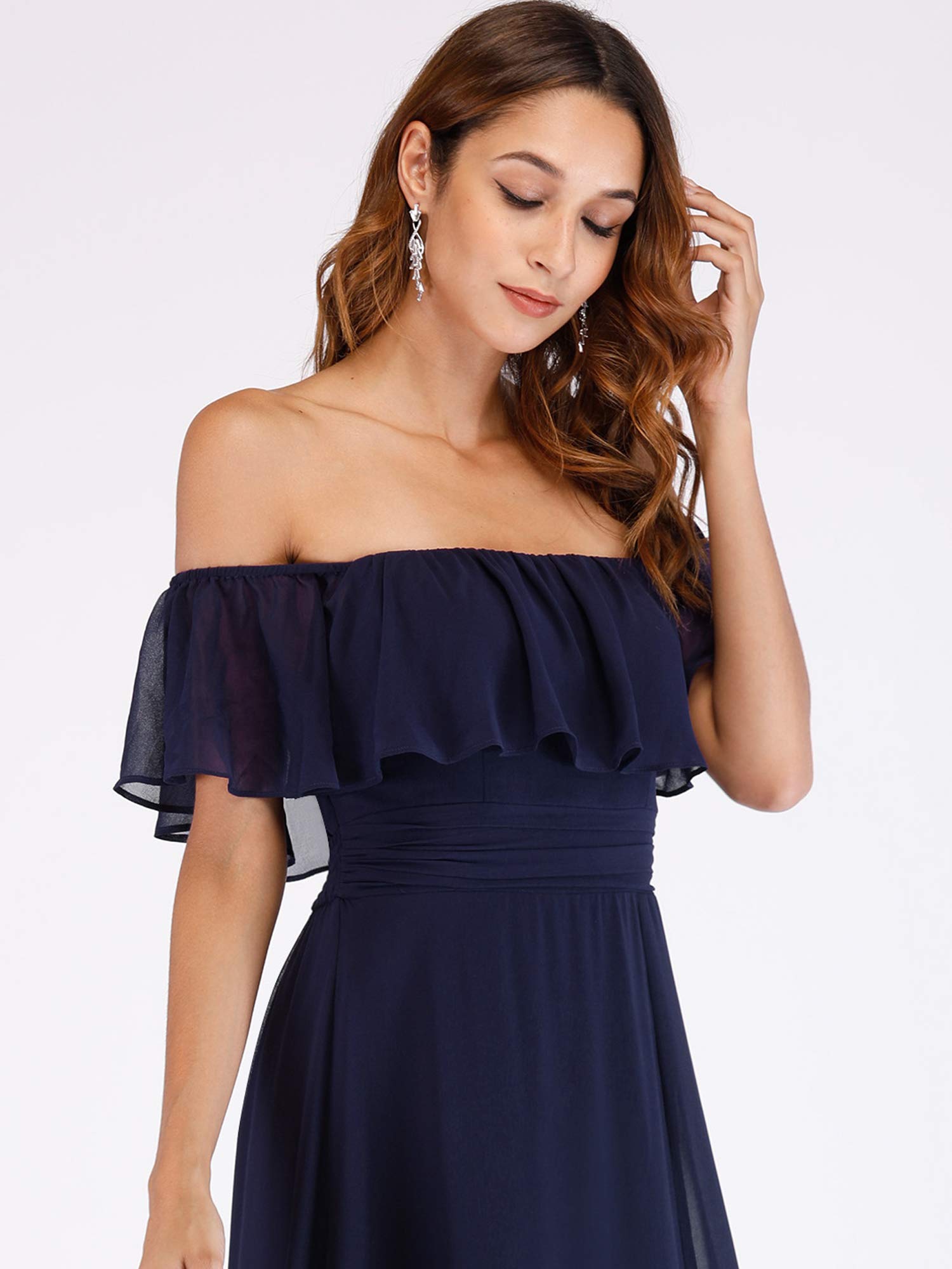 Ever-Pretty Women's Elegant Off The Shoulder Side Split High Waist Flowy Chiffon Maxi Bridesmaid Dress Navy US12