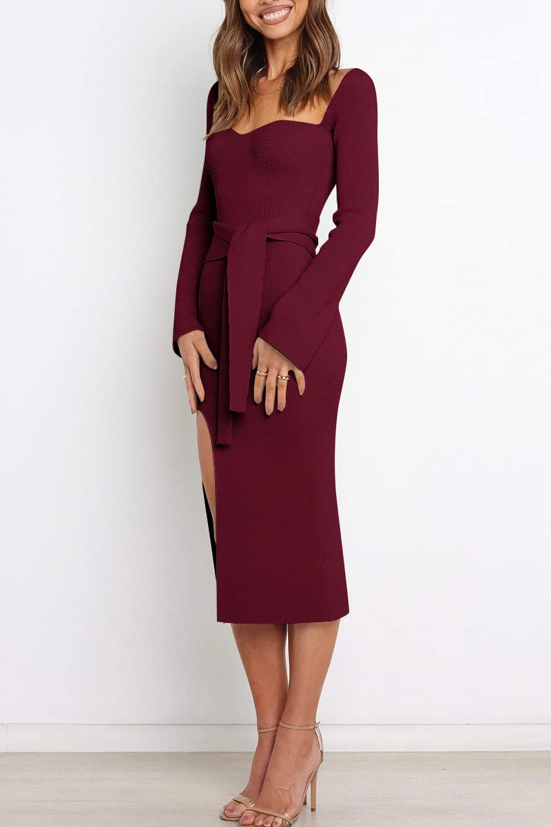 LILLUSORY Wedding Guest Dress Winter Womens Spring Long Sleeve Plus Size Christmas Casual Sweater Outfits Cold Shoulder Sexy Wine Red