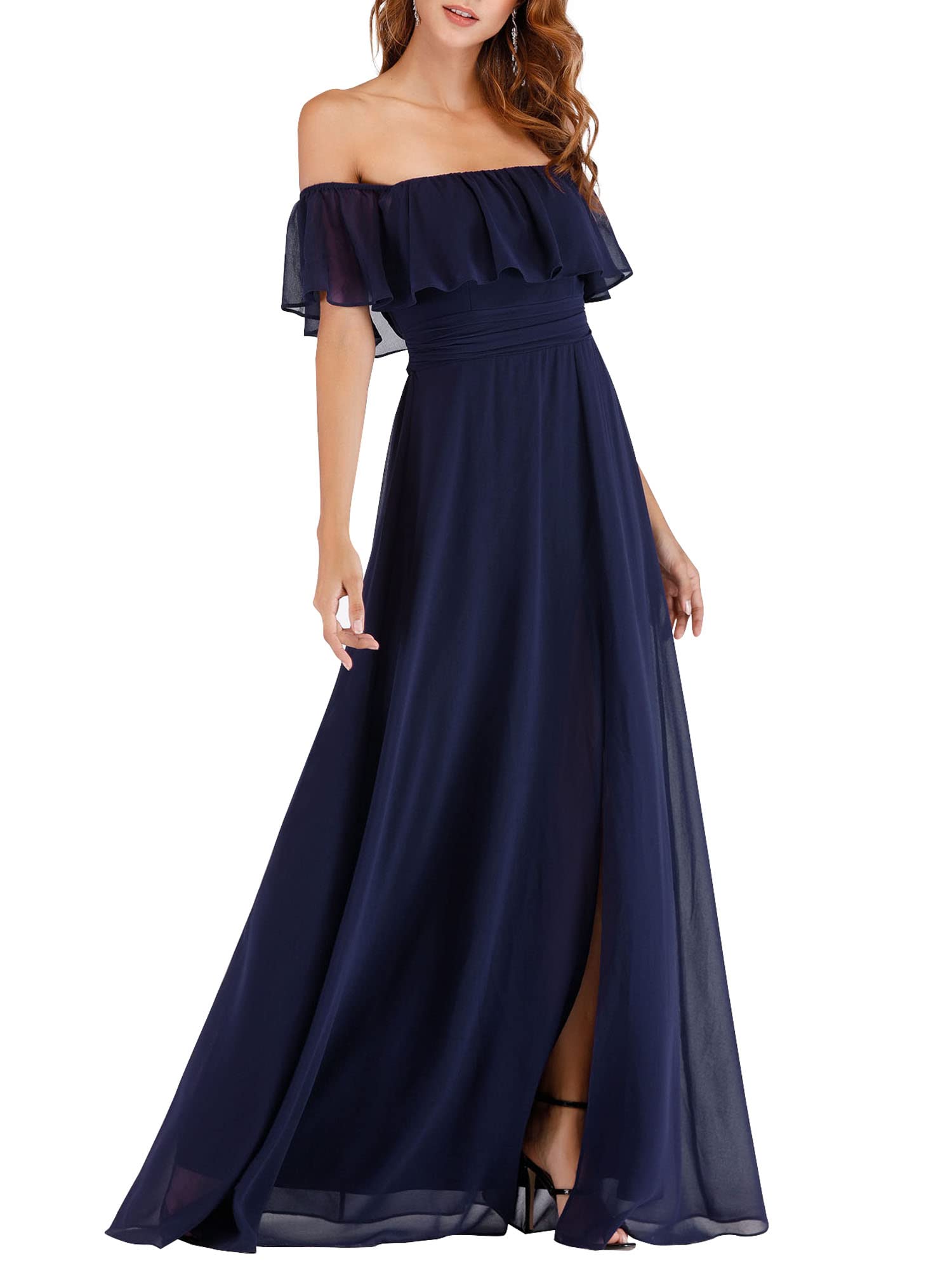Ever-Pretty Women's Elegant Off The Shoulder Side Split High Waist Flowy Chiffon Maxi Bridesmaid Dress Navy US12