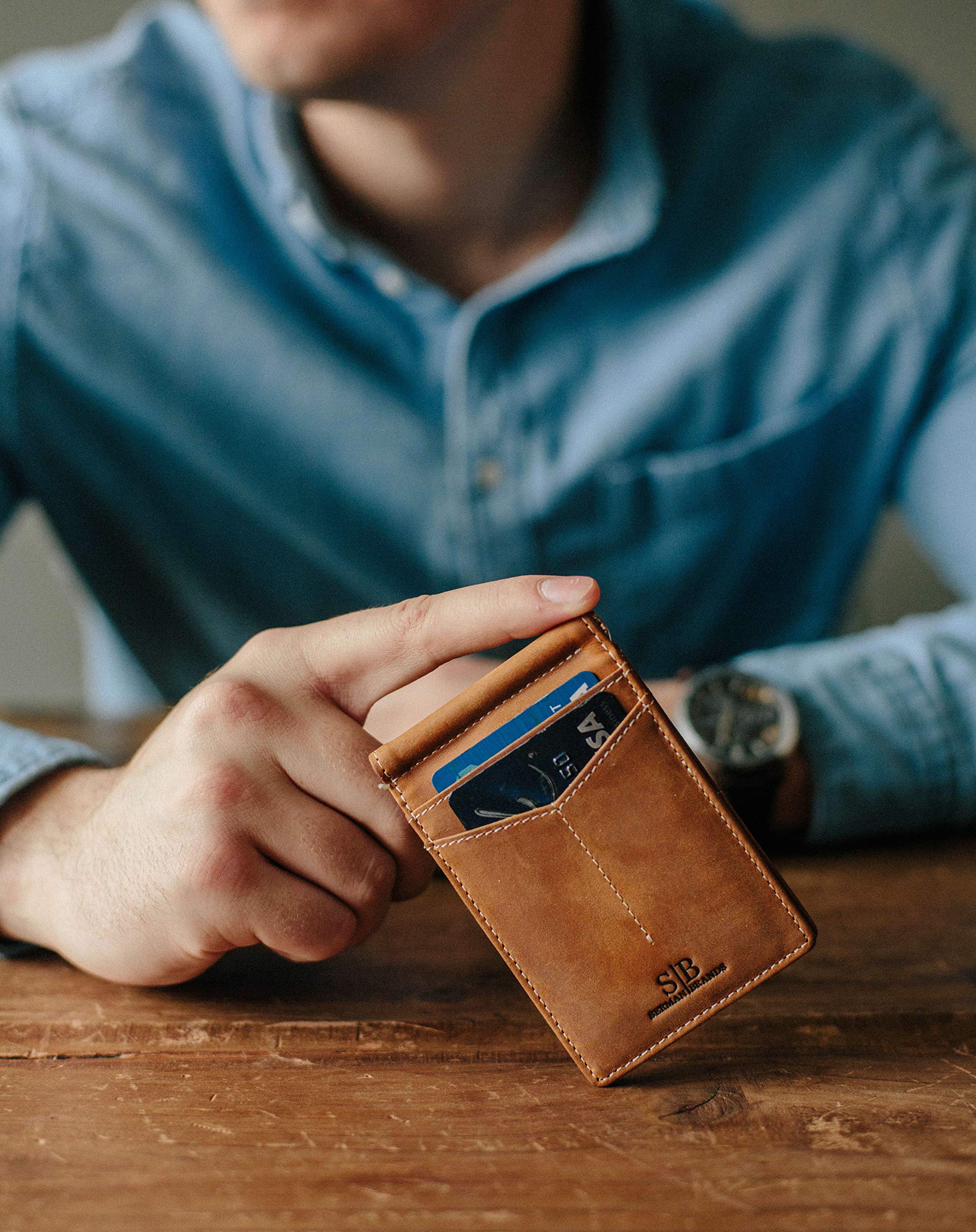 SERMAN BRANDS RFID Blocking Wallet Slim Bifold - Genuine Leather Minimalist Front Pocket Wallets for Men with Money Clip Gift (California Desert Rogue)