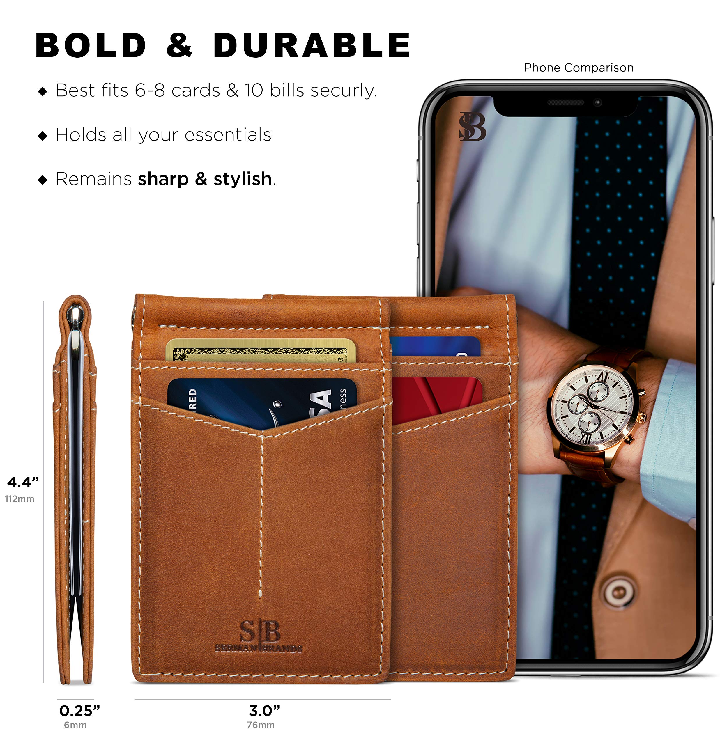 SERMAN BRANDS RFID Blocking Wallet Slim Bifold - Genuine Leather Minimalist Front Pocket Wallets for Men with Money Clip Gift (California Desert Rogue)