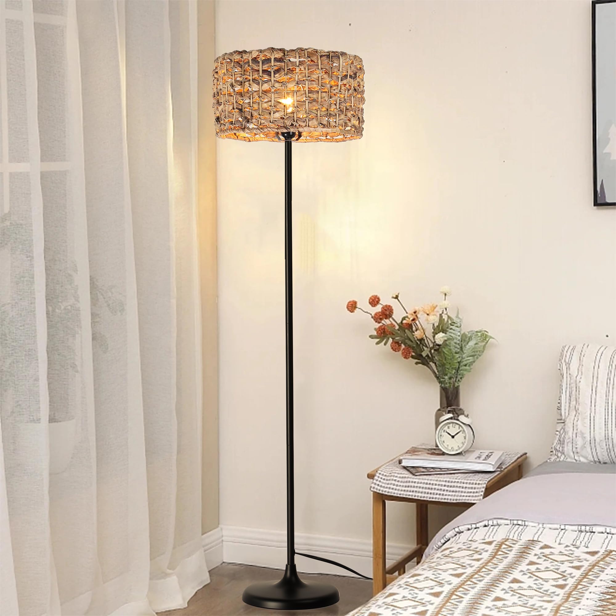 Zompoo Bamboo Rattan Floor Lamp for Living Room, Boho Hand-Worked Woven Cylinder Lampshade Standing Lamp with Foot Switch, Industrial Black Tall Floor Light Decoration for Bedroom, Farmhouse
