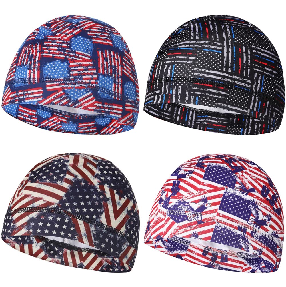 Sweat Wicking Skull Beanie Helmet Liner Running Hat Cycling Caps Cooling Cap US Flags Skullcap Liners Fits Under Motorcycle Helmets for Men and Women (Patriotic Pack)