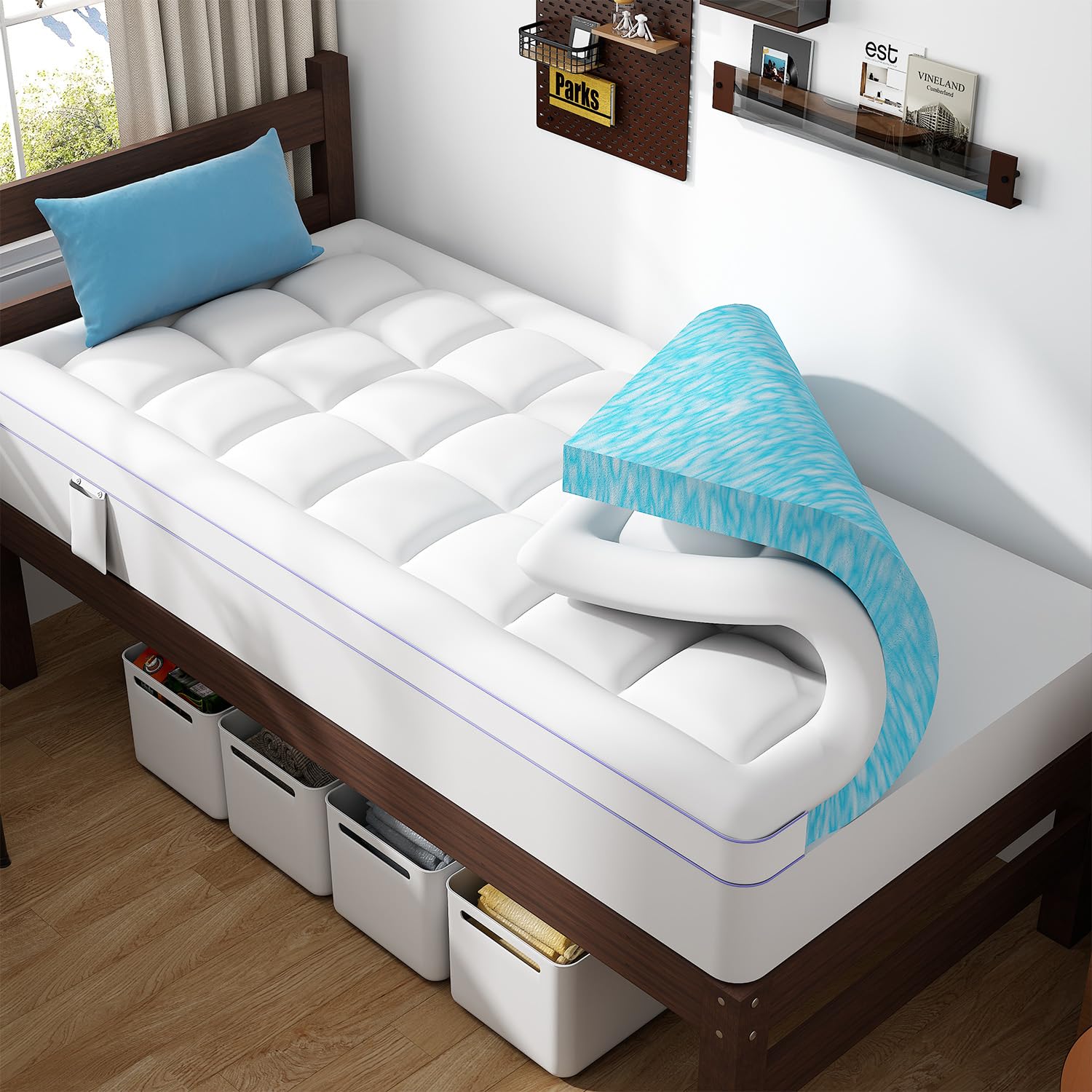 ABENE 3 Inch Dual Layer Memory Foam Mattress Topper Twin XL, 2 Inch Memory Foam Plus 1 Inch Down Alternative Pillowtop Mattress Pad, with Bedside Pocket, College Dorm Essential (Twin XL, White)