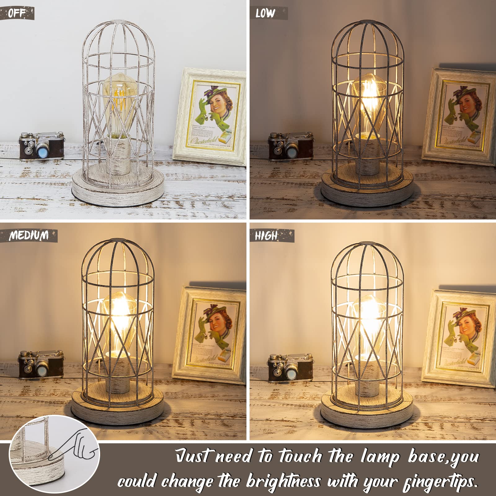 Small Table Lamp, Touch Control Table Lamp with Brushed White Oak Cage, Farmhouse Bedside Lamp 3-Way Dimmable Nightstand Lamp Edison Lamp for Bedroom, Living Room, Hallway, Kitchen, LED Bulb Included