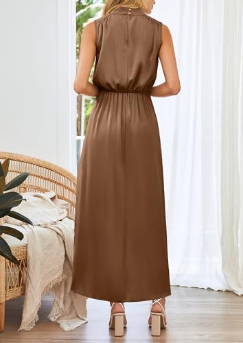 PRETTYGARDEN Women's Long Formal Satin Dress Mock Neck Sleeveless Side Slit Flowy Maxi Tank Dresses (Brown,Medium)
