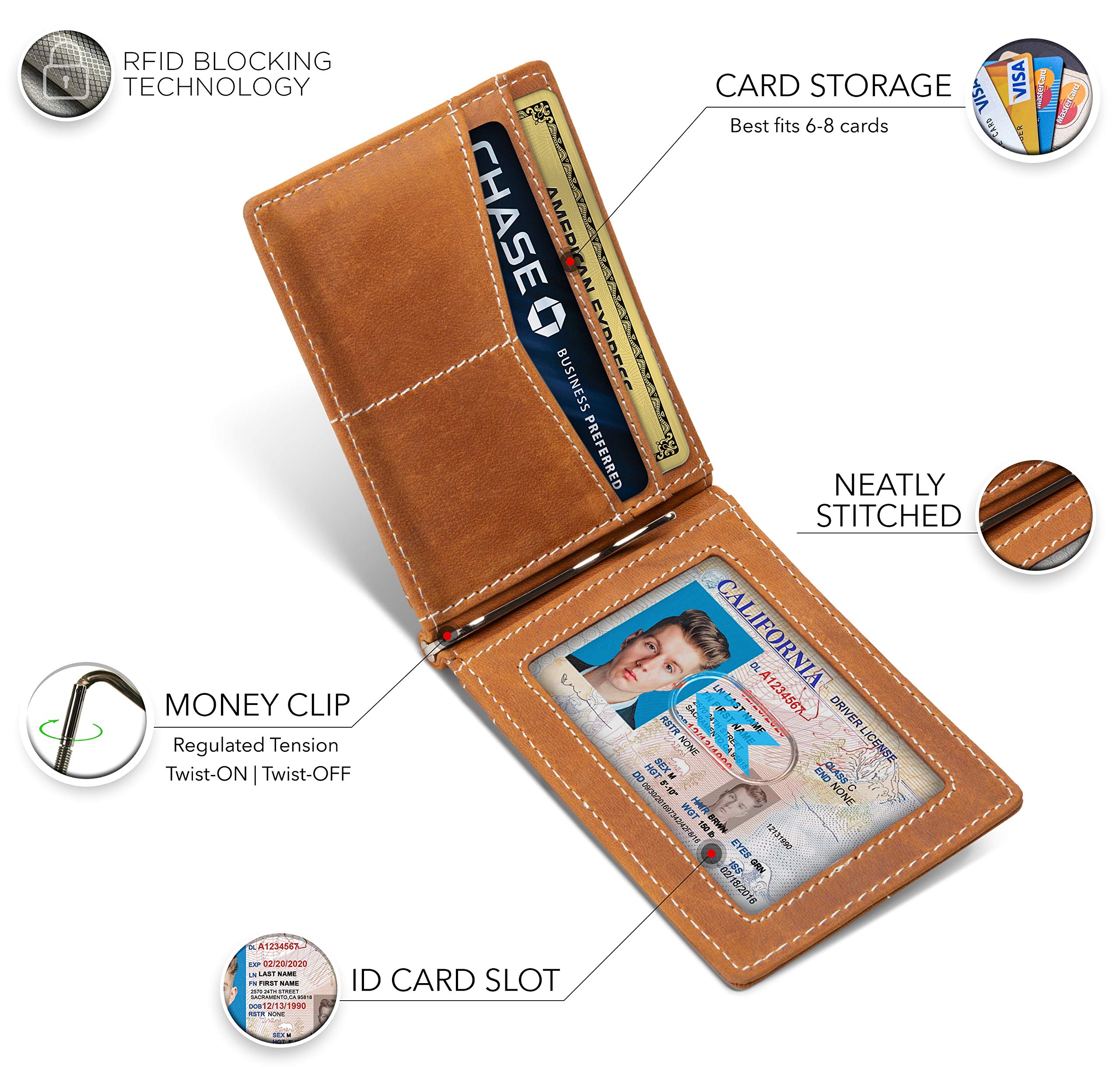 SERMAN BRANDS RFID Blocking Wallet Slim Bifold - Genuine Leather Minimalist Front Pocket Wallets for Men with Money Clip Gift (California Desert Rogue)