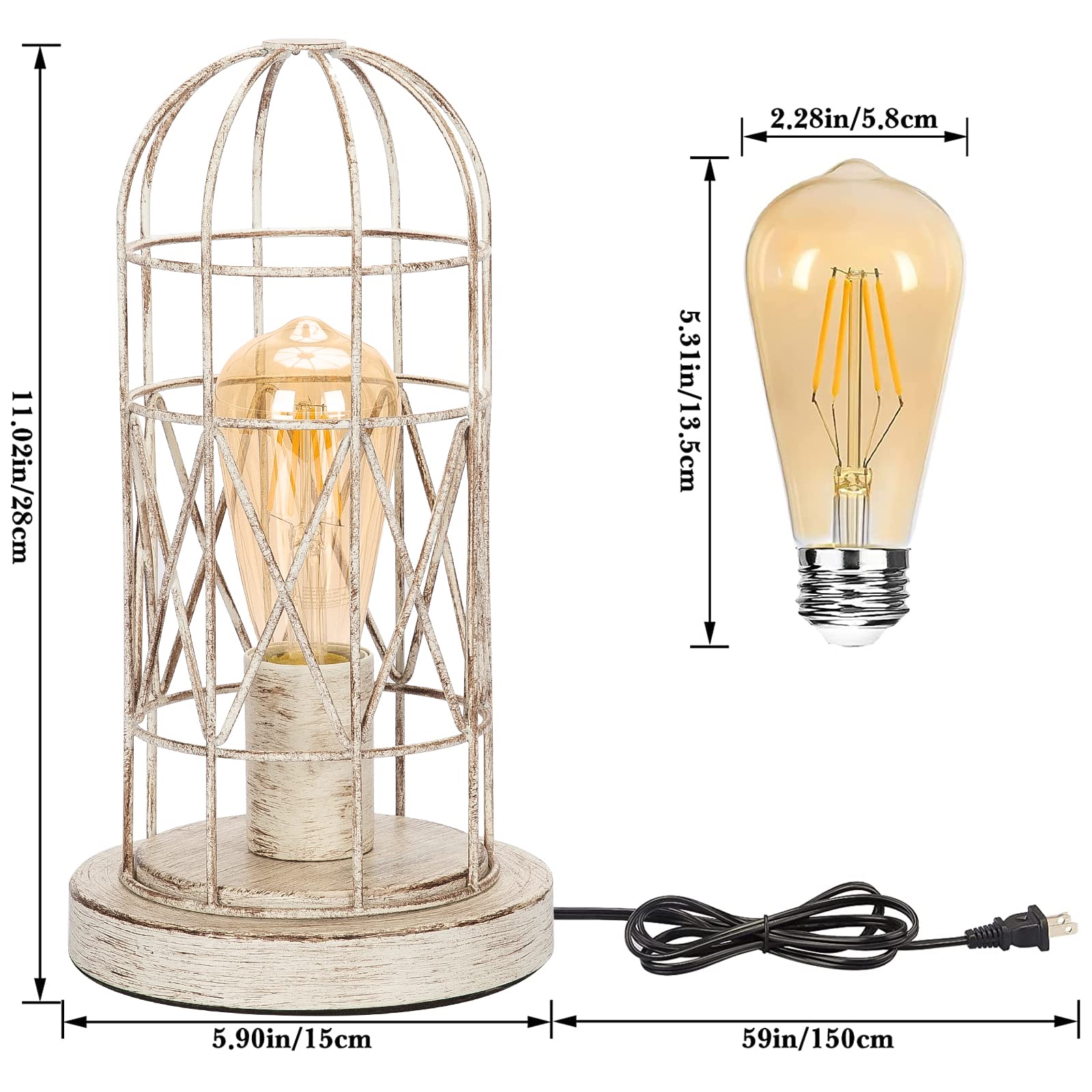 Small Table Lamp, Touch Control Table Lamp with Brushed White Oak Cage, Farmhouse Bedside Lamp 3-Way Dimmable Nightstand Lamp Edison Lamp for Bedroom, Living Room, Hallway, Kitchen, LED Bulb Included
