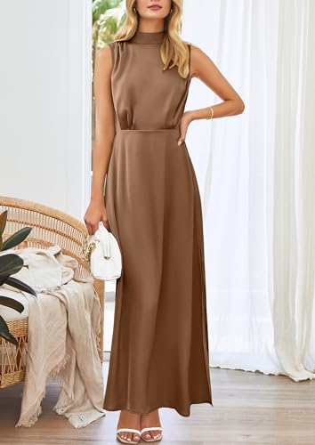 PRETTYGARDEN Women's Long Formal Satin Dress Mock Neck Sleeveless Side Slit Flowy Maxi Tank Dresses (Brown,Medium)