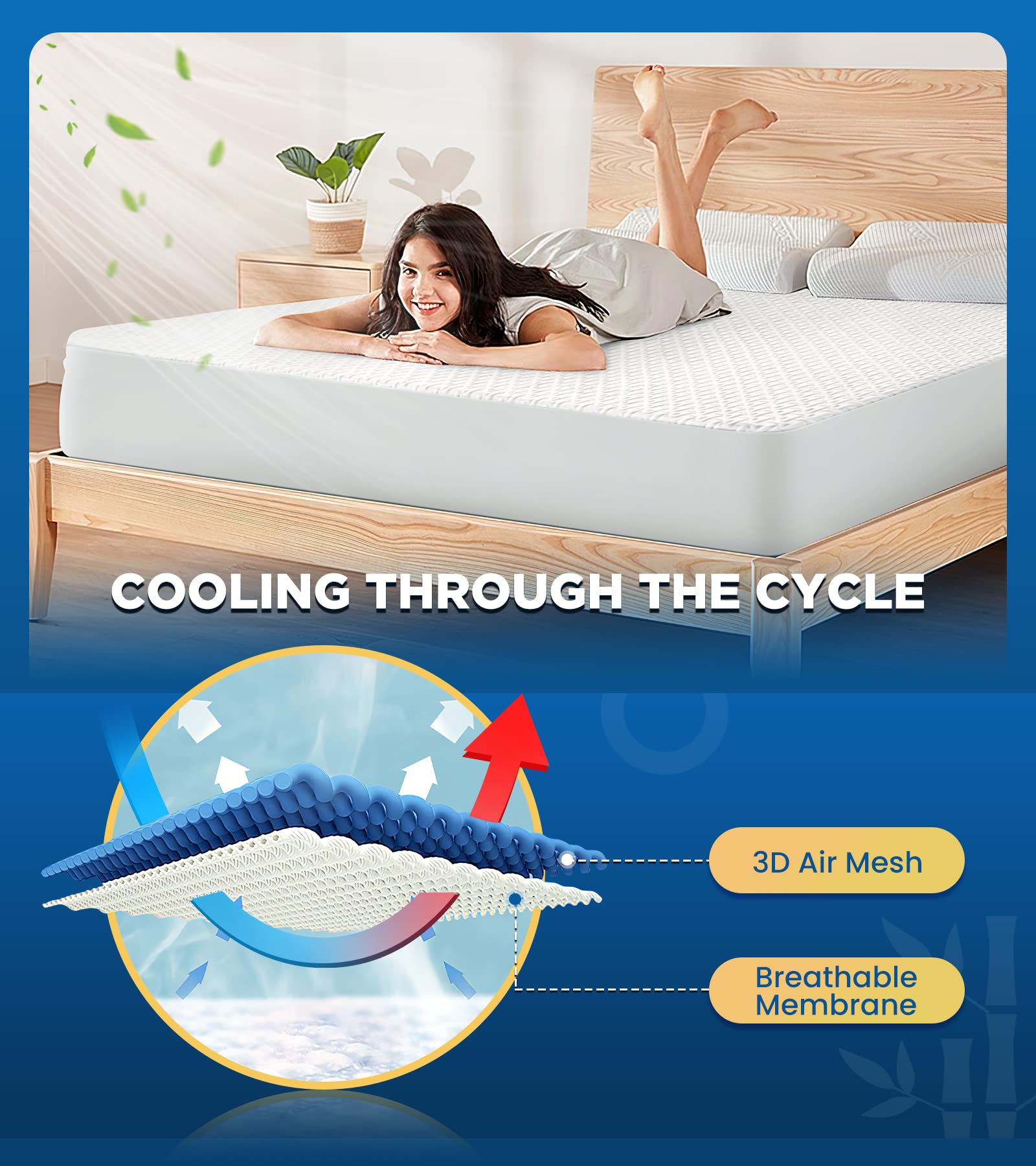 Premium 100% Waterproof Full Mattress Protector Breathable Cooling 3D Air Fabric Mattress Cover Smooth Soft Hypoallergenic Noiseless Bed Cover Machine Washable Vinyl Free 8-21'' Deep Pocket