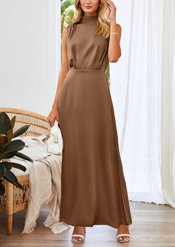 PRETTYGARDEN Women's Long Formal Satin Dress Mock Neck Sleeveless Side Slit Flowy Maxi Tank Dresses (Brown,Medium)