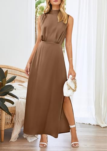 PRETTYGARDEN Women's Long Formal Satin Dress Mock Neck Sleeveless Side Slit Flowy Maxi Tank Dresses (Brown,Medium)