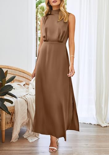 PRETTYGARDEN Women's Long Formal Satin Dress Mock Neck Sleeveless Side Slit Flowy Maxi Tank Dresses (Brown,Medium)