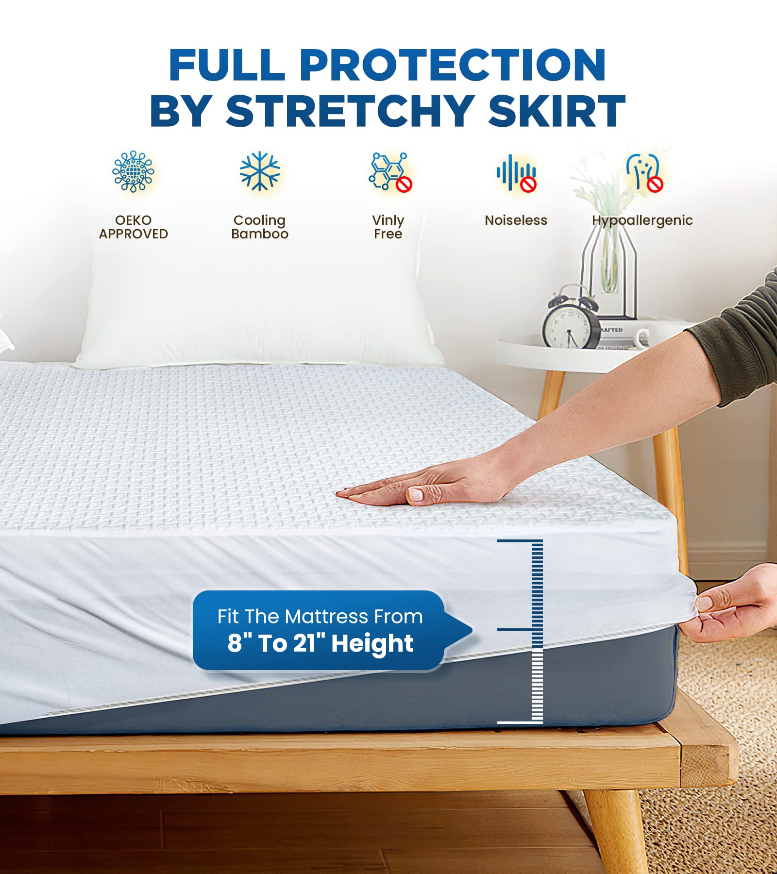 Premium 100% Waterproof Full Mattress Protector Breathable Cooling 3D Air Fabric Mattress Cover Smooth Soft Hypoallergenic Noiseless Bed Cover Machine Washable Vinyl Free 8-21'' Deep Pocket