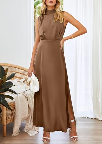 PRETTYGARDEN Women's Long Formal Satin Dress Mock Neck Sleeveless Side Slit Flowy Maxi Tank Dresses (Brown,Medium)