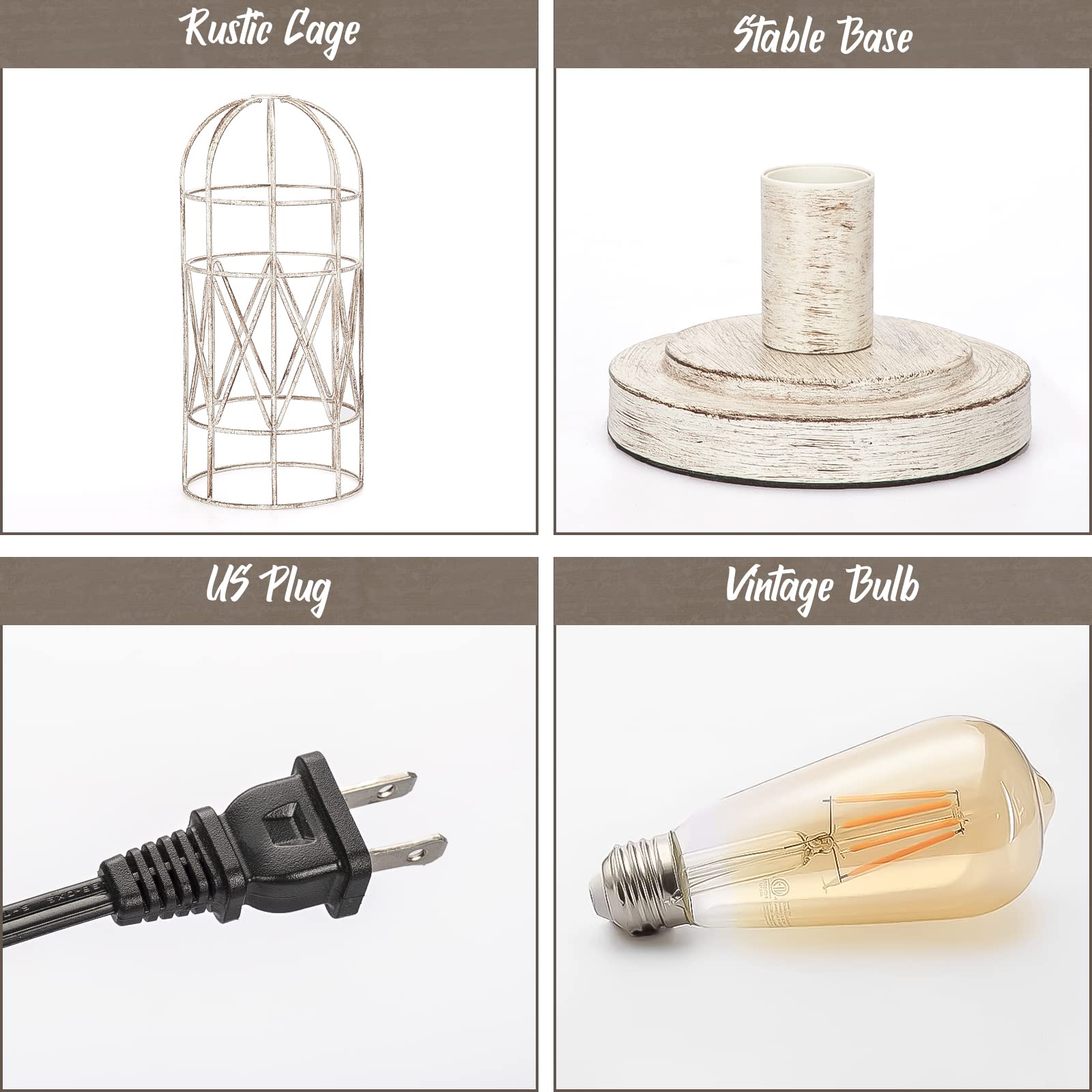 Small Table Lamp, Touch Control Table Lamp with Brushed White Oak Cage, Farmhouse Bedside Lamp 3-Way Dimmable Nightstand Lamp Edison Lamp for Bedroom, Living Room, Hallway, Kitchen, LED Bulb Included