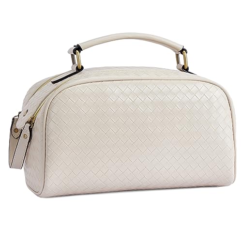 Telena Toiletry Travel Cosmetic Bag - Makeup Organizer for Women Water Resistant PU Leather Bathroom Bag Kit for Traveling, Weave Pattern White