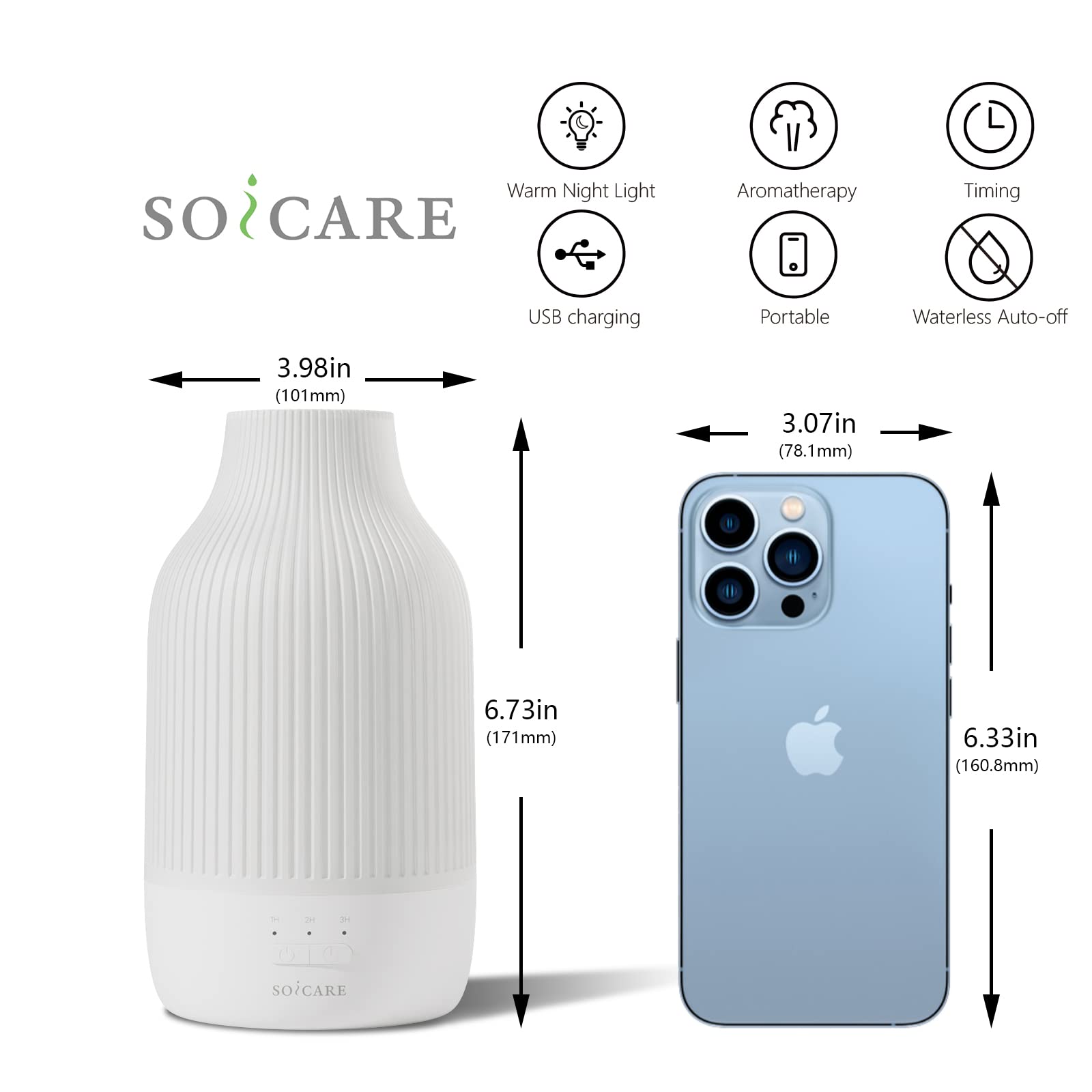 SOICARE Cordless Rechargeable Diffuser, Battery Operated Mini Portable Wireless Diffuser for Essential Oils, 80ML Small USB Essential Oil Diffuser with Warm Light (White)