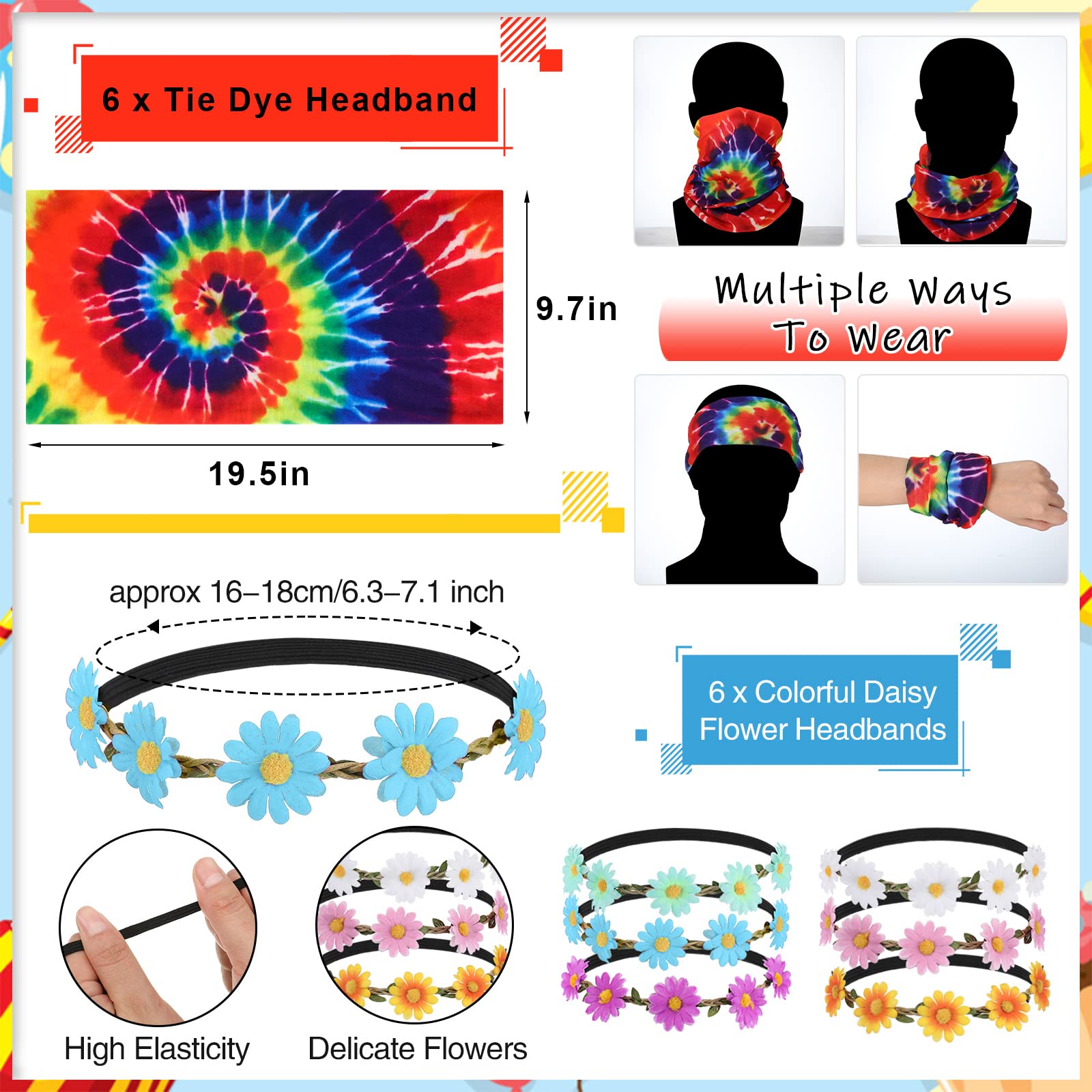 36 Pcs Hippie Costume Set 60s 70s Peace Necklaces Sunflower Headband Hippie Sunglasses Bandana Headband Hippie Dressing Accessories