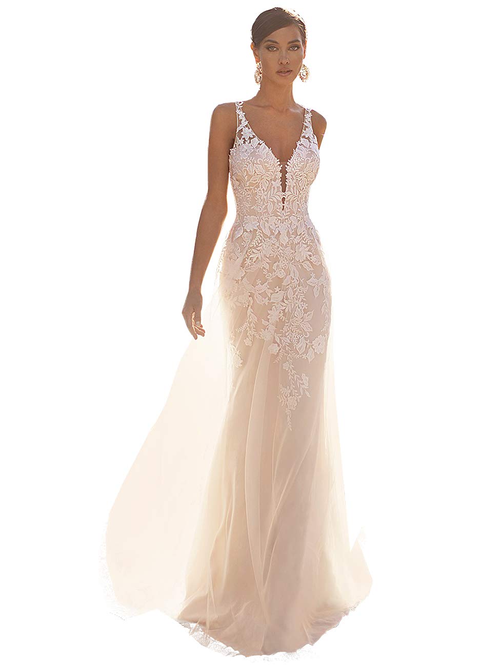 Noras dress Women's Lace Sheer Neck Wedding Dresses for Bride Flowy Tulle Wedding Bridal Gowns White 2