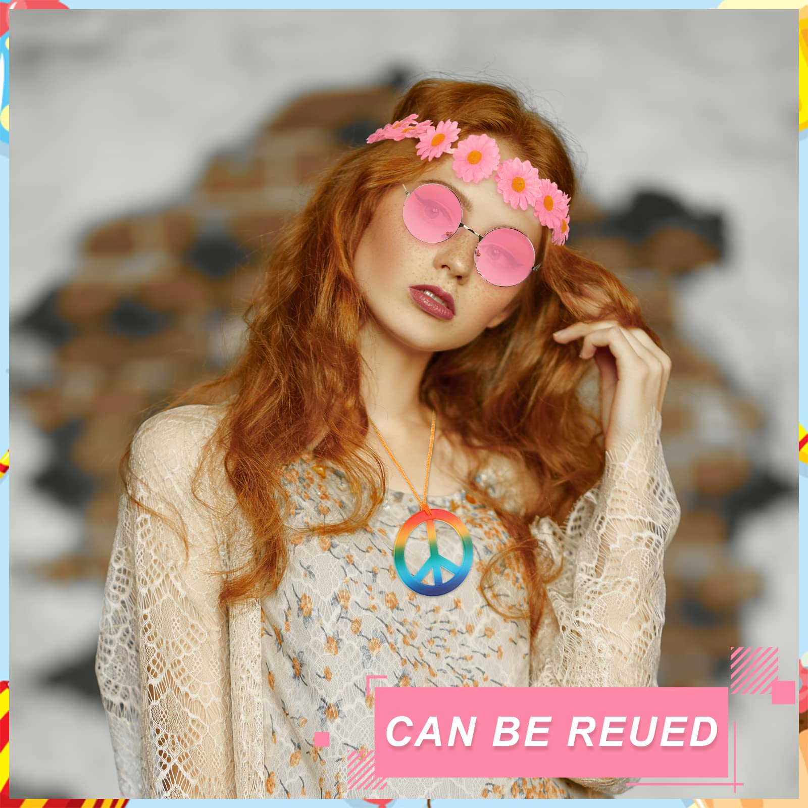36 Pcs Hippie Costume Set 60s 70s Peace Necklaces Sunflower Headband Hippie Sunglasses Bandana Headband Hippie Dressing Accessories