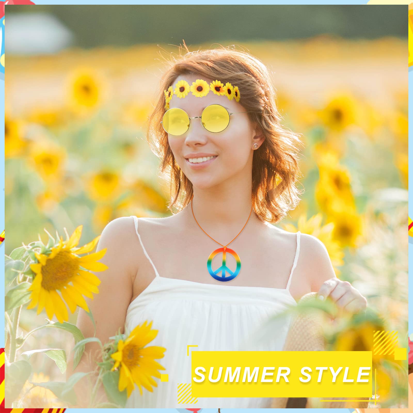 36 Pcs Hippie Costume Set 60s 70s Peace Necklaces Sunflower Headband Hippie Sunglasses Bandana Headband Hippie Dressing Accessories