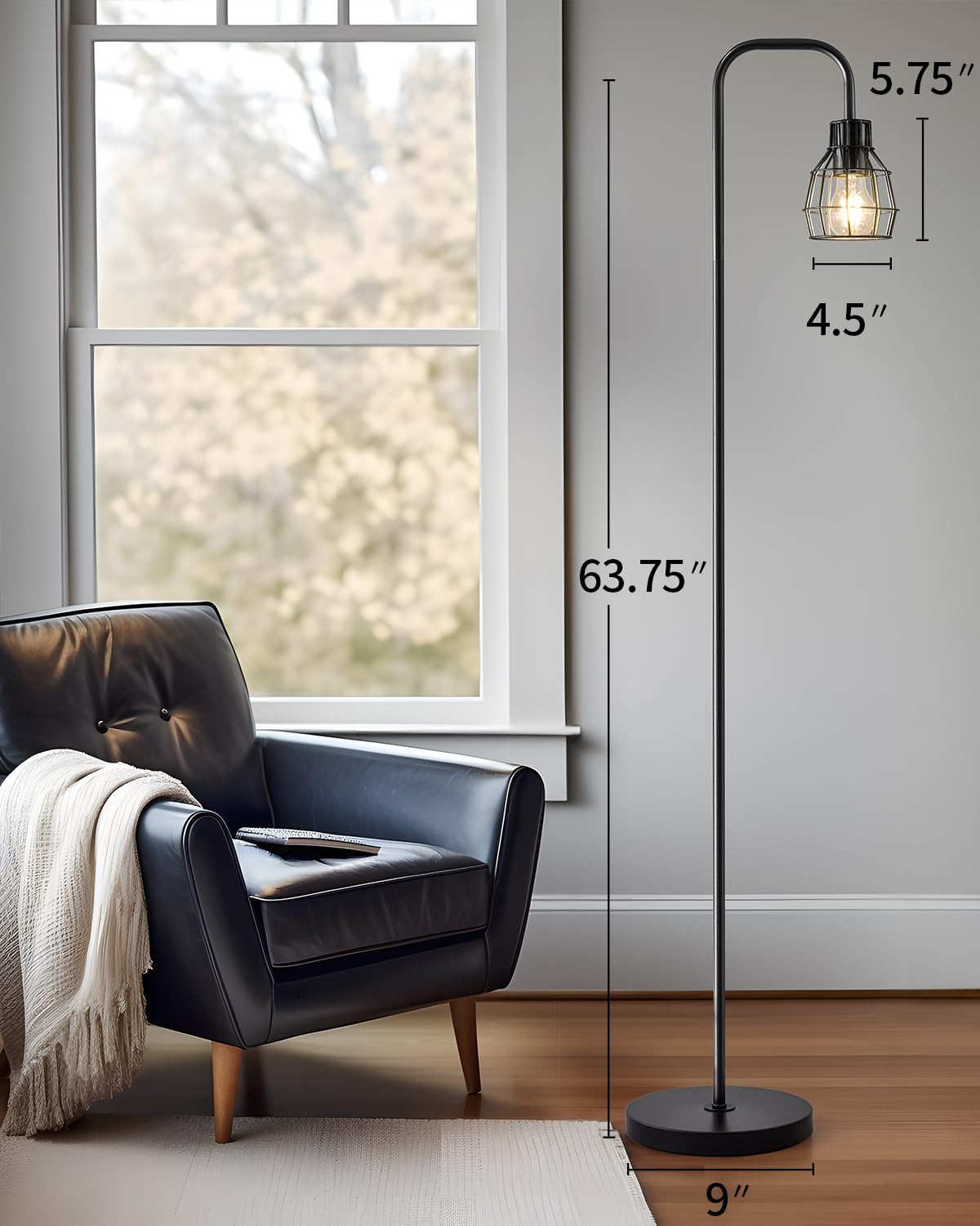 Oneach 63.75" Industrial Floor Lamp Modern Black Floor Lamp with Footswitch Metal Reading Tall Pole Light with 4W LED Bulb Standing Tall Lamp for Living Room Bedroom Office E26 Base