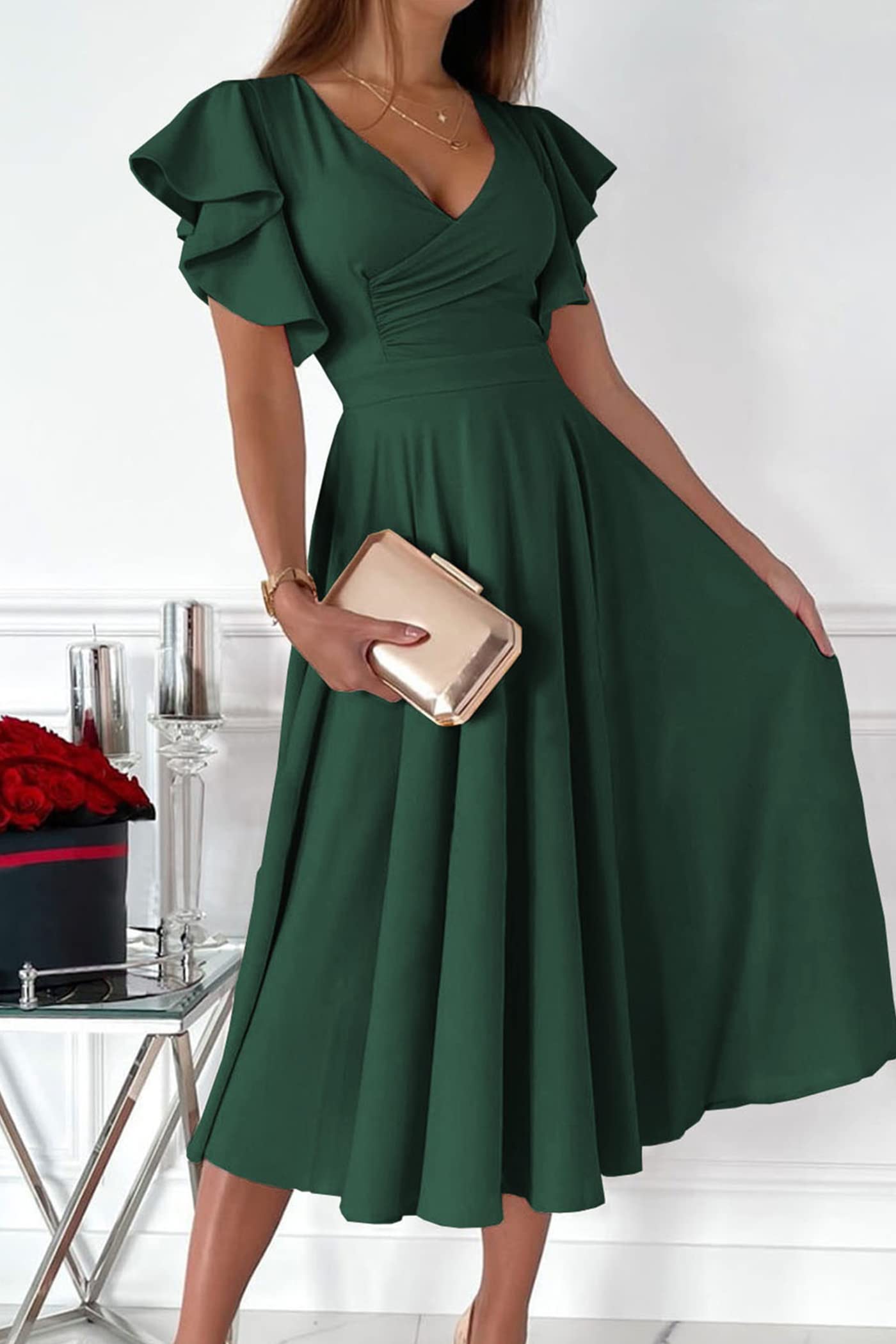 PRETTYGARDEN Women's Summer Midi Dress Ruffle Cap Sleeve V Neck Cocktail Party Swing A Line Fit and Flared Dresses (Dark Green,X-Large)
