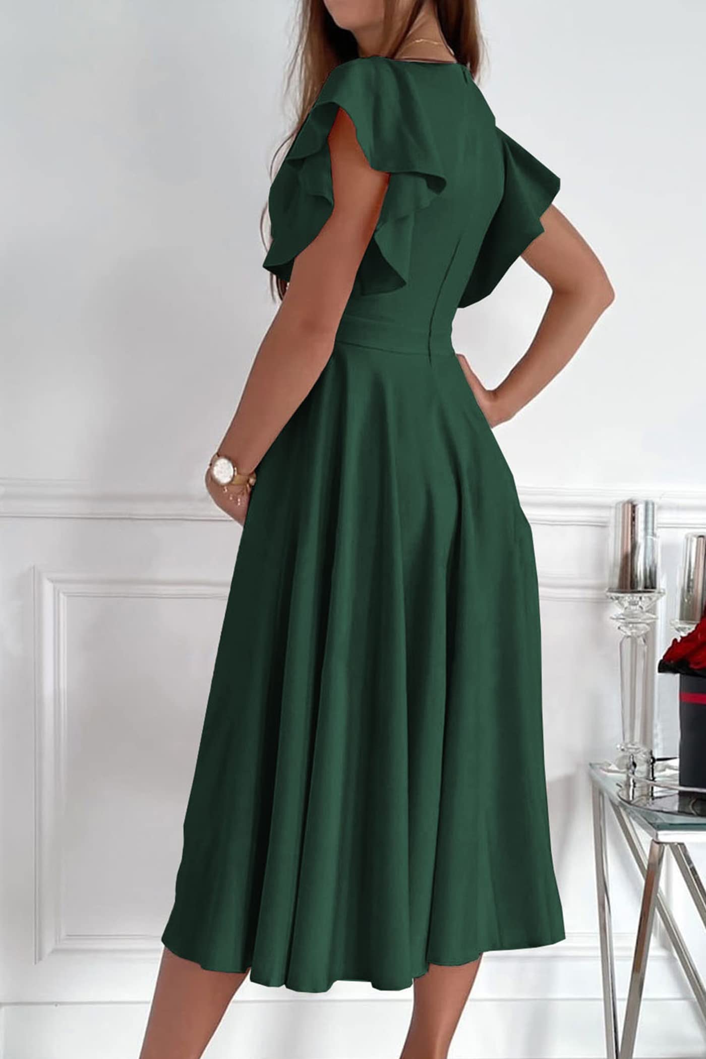 PRETTYGARDEN Women's Summer Midi Dress Ruffle Cap Sleeve V Neck Cocktail Party Swing A Line Fit and Flared Dresses (Dark Green,X-Large)