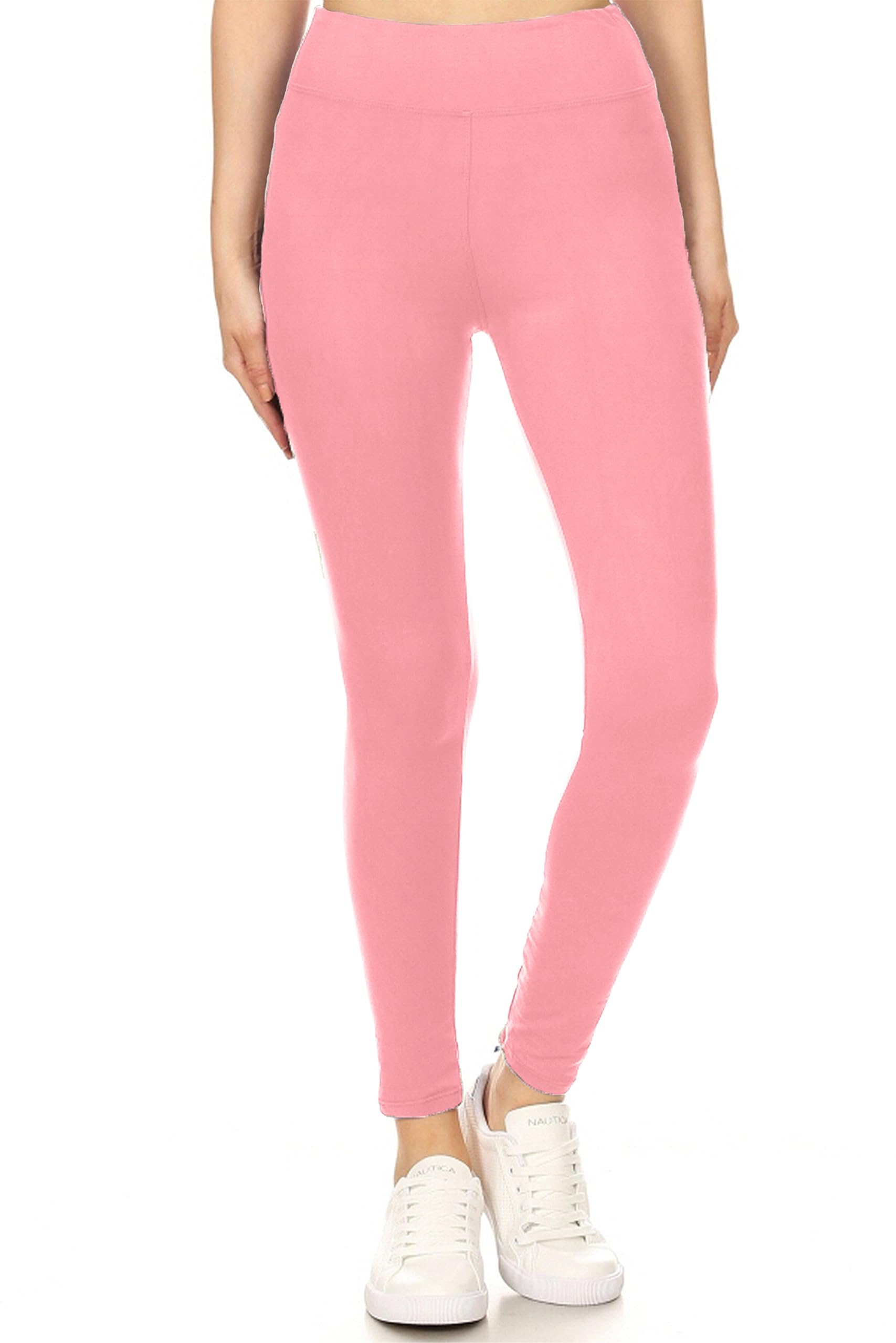 Leggings Depot Women's 3" Waistband Yoga High Waisted Solid Leggings Pants (Full Length, Pink, One Size)