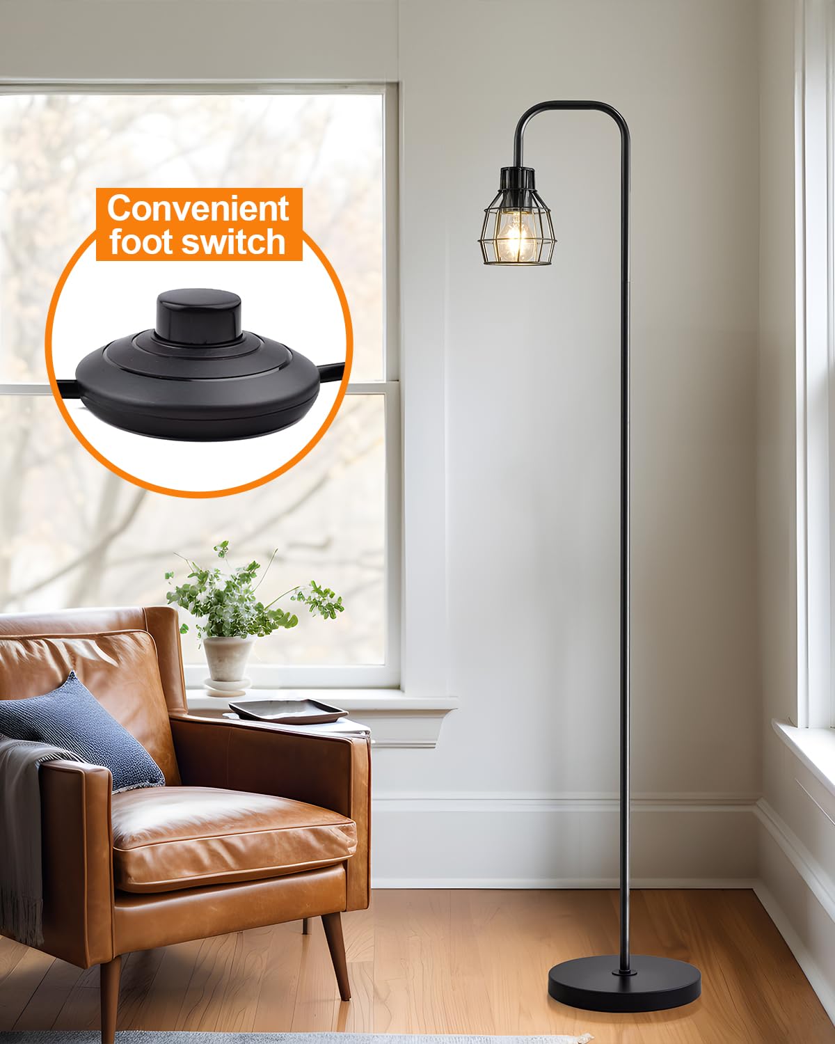 Oneach 63.75" Industrial Floor Lamp Modern Black Floor Lamp with Footswitch Metal Reading Tall Pole Light with 4W LED Bulb Standing Tall Lamp for Living Room Bedroom Office E26 Base