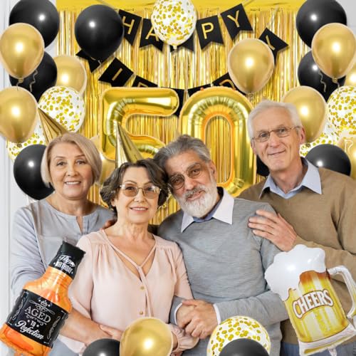 50th Birthday Decorations Men, Black and Gold 50th Birthday Balloons, Banner and Birthday Cake Topper, Happy 50 Birthday Decorations for Men