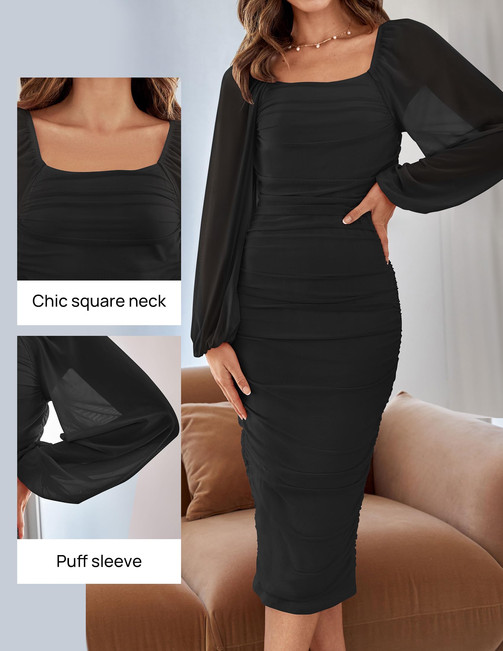 ZESICA Women's 2024 Sexy Ruched Bodycon Midi Dress Long Puff Sleeve Square Neck Backless Cocktail Party Wedding Dresses,Black,Medium