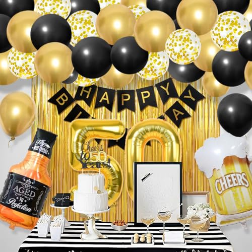 50th Birthday Decorations Men, Black and Gold 50th Birthday Balloons, Banner and Birthday Cake Topper, Happy 50 Birthday Decorations for Men