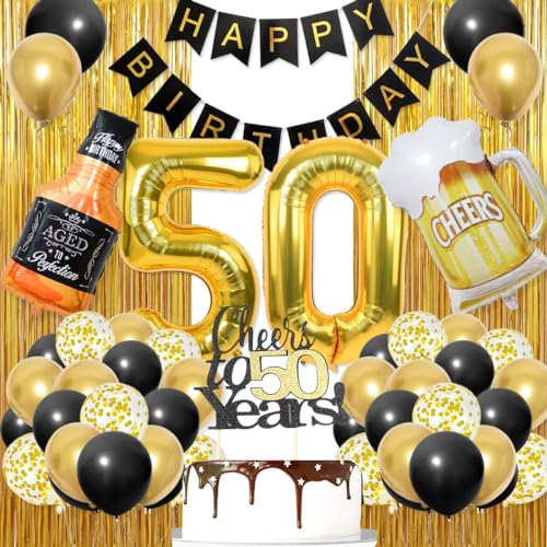50th Birthday Decorations Men, Black and Gold 50th Birthday Balloons, Banner and Birthday Cake Topper, Happy 50 Birthday Decorations for Men