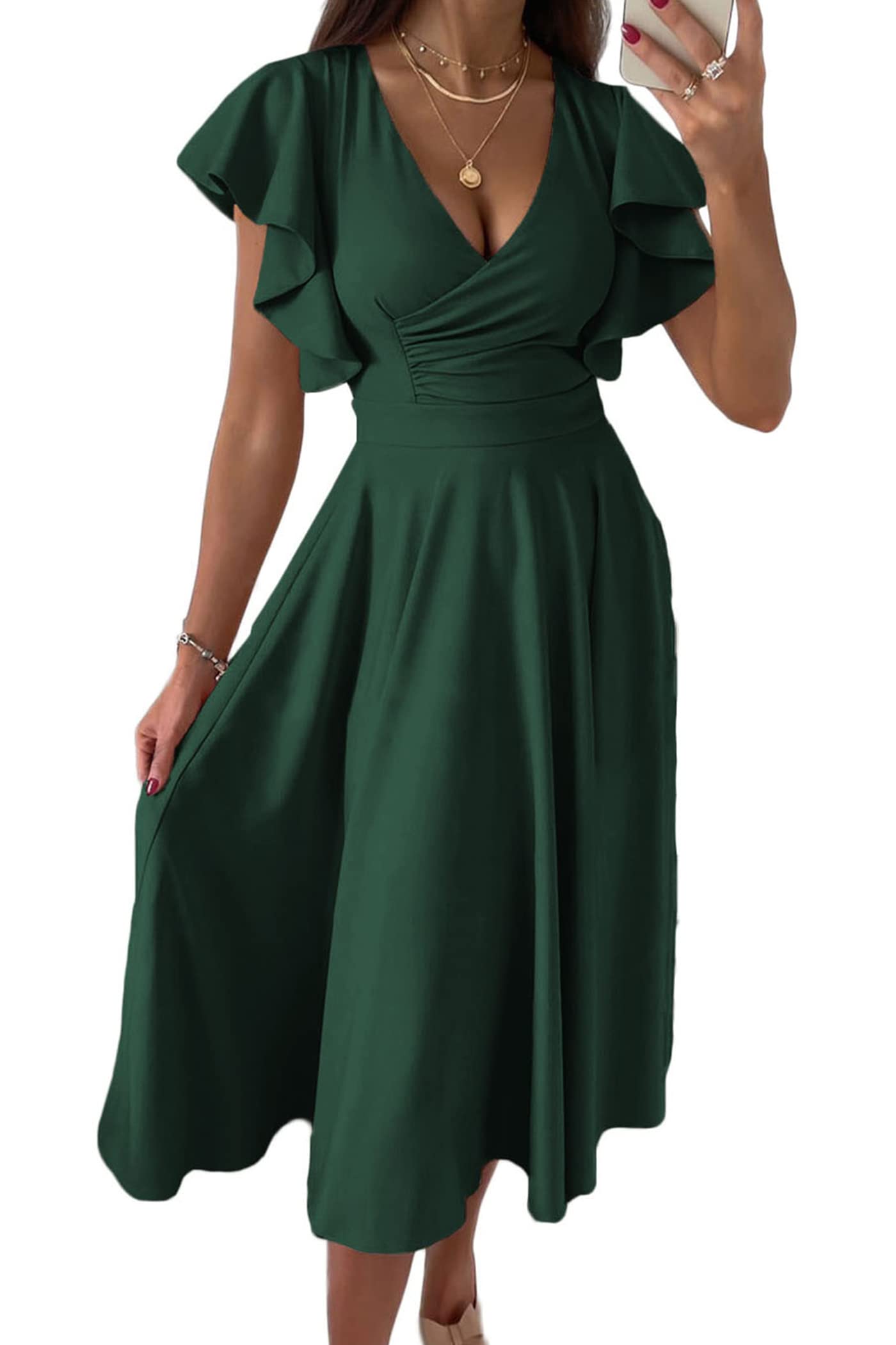 PRETTYGARDEN Women's Summer Midi Dress Ruffle Cap Sleeve V Neck Cocktail Party Swing A Line Fit and Flared Dresses (Dark Green,X-Large)