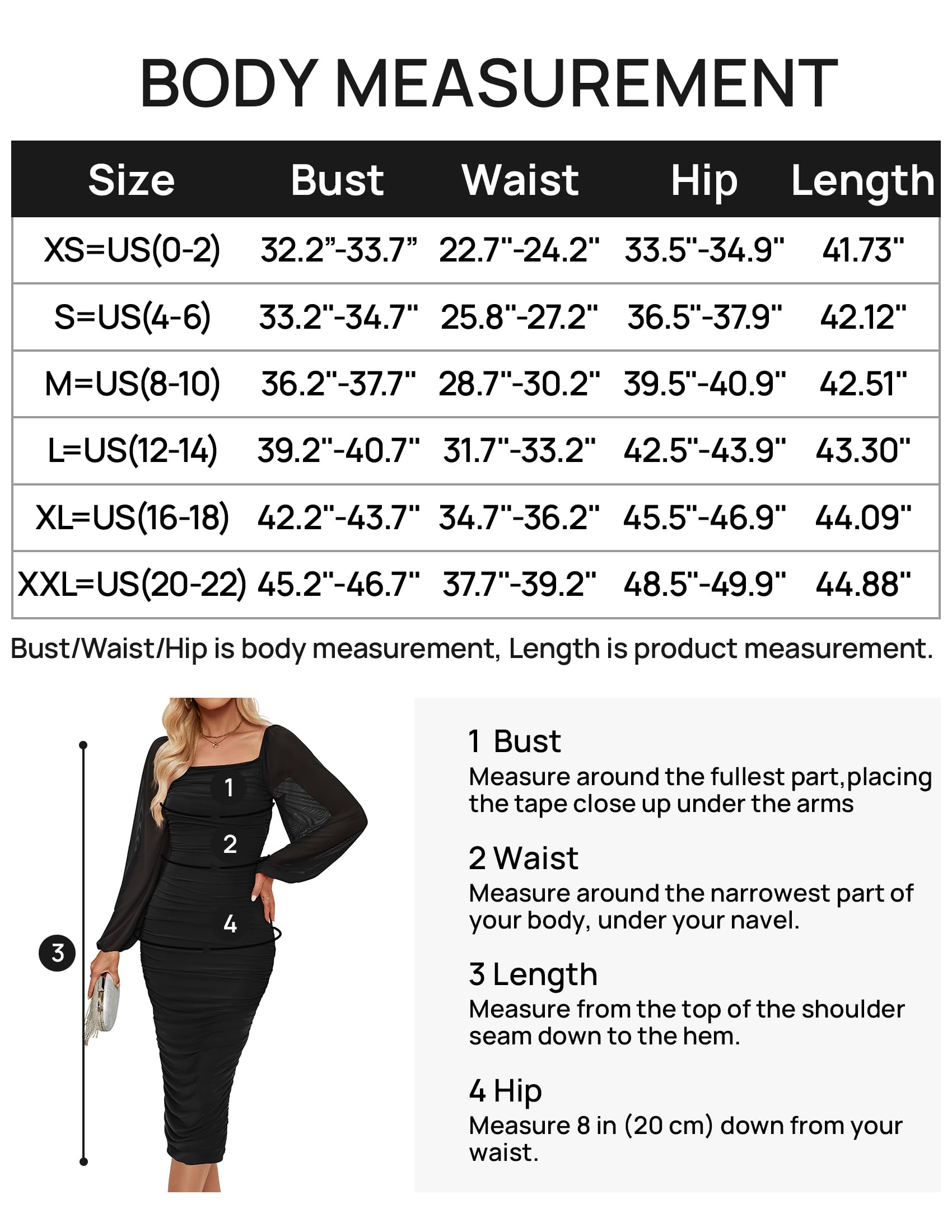 ZESICA Women's 2024 Sexy Ruched Bodycon Midi Dress Long Puff Sleeve Square Neck Backless Cocktail Party Wedding Dresses,Black,Medium