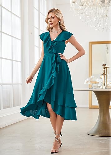 GRACE KARIN Wrap V Neck Long Bridesmaid Dresses for Wedding Sleeveless Ruffle Chiffon Formal Evening Party Dresses Blue Green