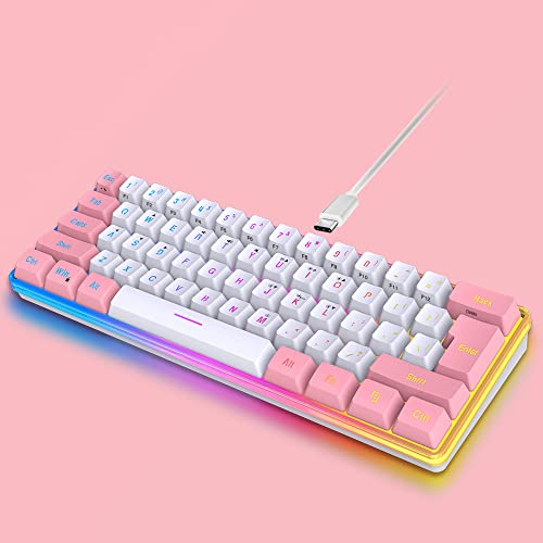 Snpurdiri 60% Wired Gaming Keyboard, True RGB Backlit Ultra-Compact Mini 61 Keys Keyboard for PC/Mac Gamer, Typist, Travel, Easy to Carry on Business Trip(Pink-White)