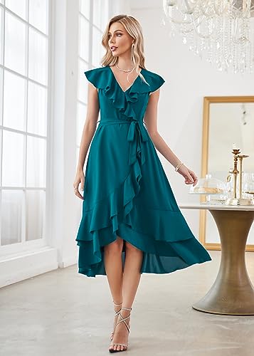 GRACE KARIN Wrap V Neck Long Bridesmaid Dresses for Wedding Sleeveless Ruffle Chiffon Formal Evening Party Dresses Blue Green