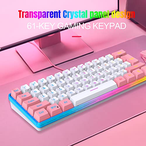Snpurdiri 60% Wired Gaming Keyboard, True RGB Backlit Ultra-Compact Mini 61 Keys Keyboard for PC/Mac Gamer, Typist, Travel, Easy to Carry on Business Trip(Pink-White)