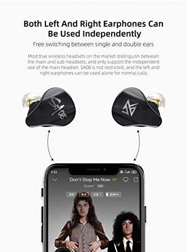 KZ SA08 TWS True Wireless Bluetooth 5.0 Earbuds with Mic, 8BA HiFi Stereo in Ear Earphones, Physical Passive Noise Reduction Hedsets Headphones for Call Phone/Game/Music (Black)