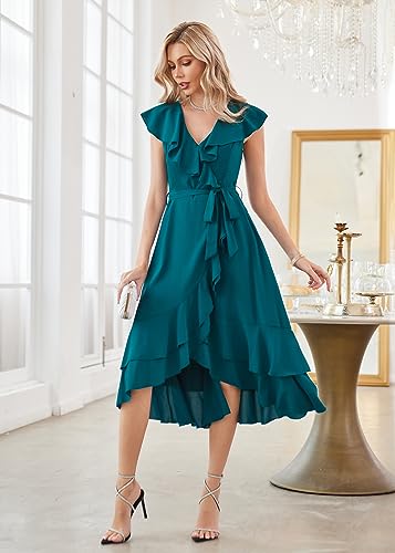 GRACE KARIN Wrap V Neck Long Bridesmaid Dresses for Wedding Sleeveless Ruffle Chiffon Formal Evening Party Dresses Blue Green